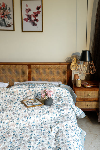 Pink blue and grey nariyal tree mulmul quilt (scattered floral) – NAMYA ...