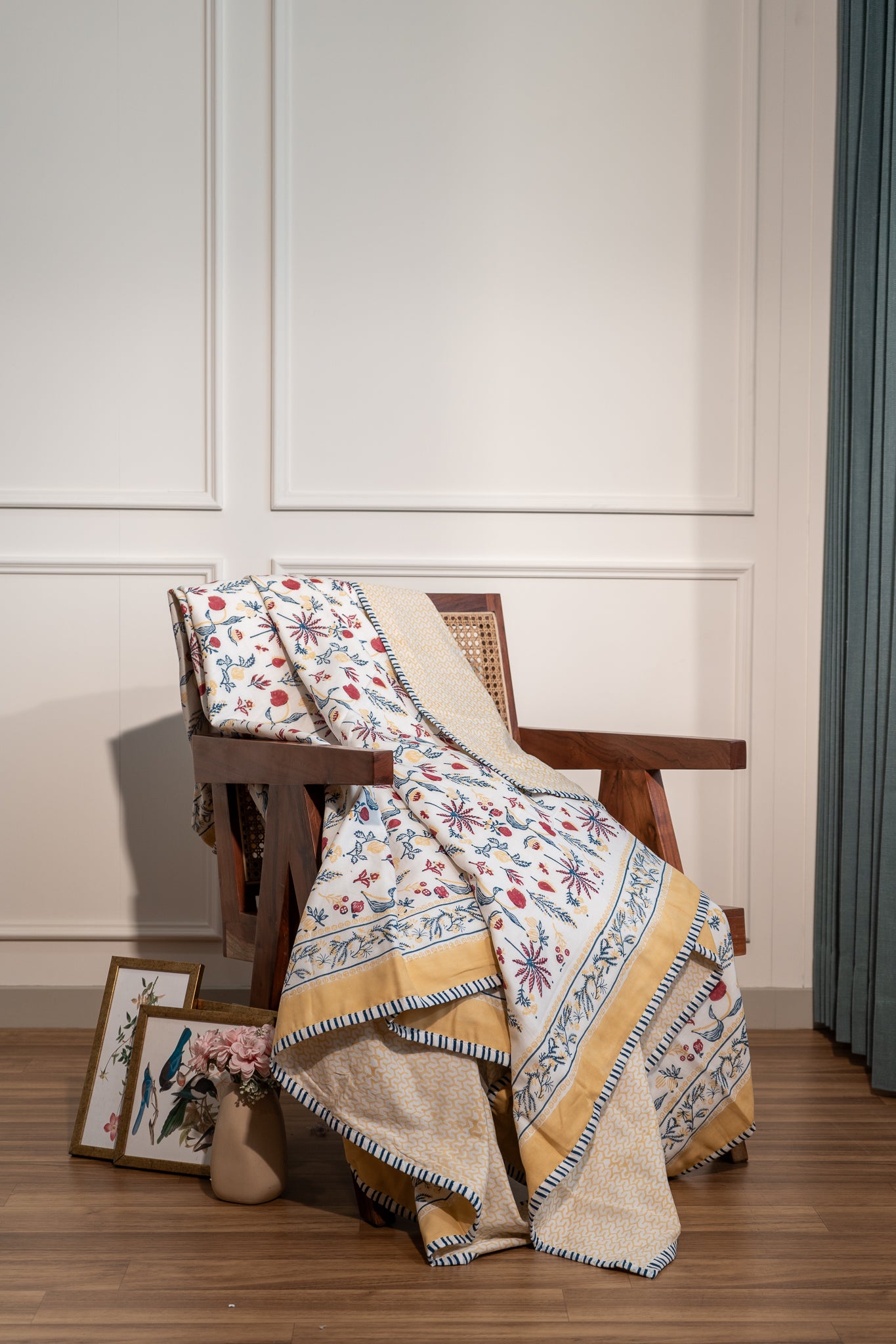 Magenta yellow and blue nariyal tree mulmul dohar (scattered floral ...